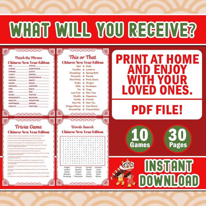 Printable Lunar New Year Game Bundle, Minimalist Chinese New Year Party ...