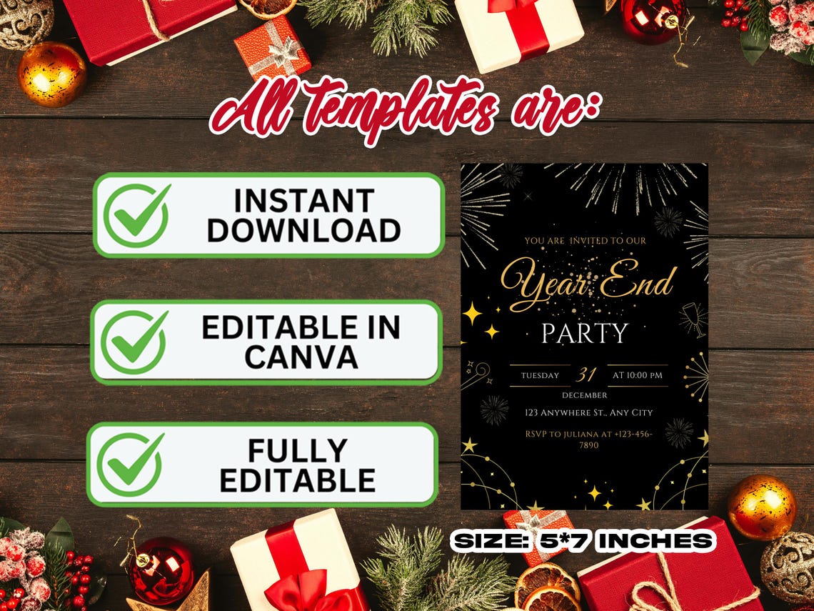 Editable Year End Party Invitation, New Years Eve Black and Gold ...