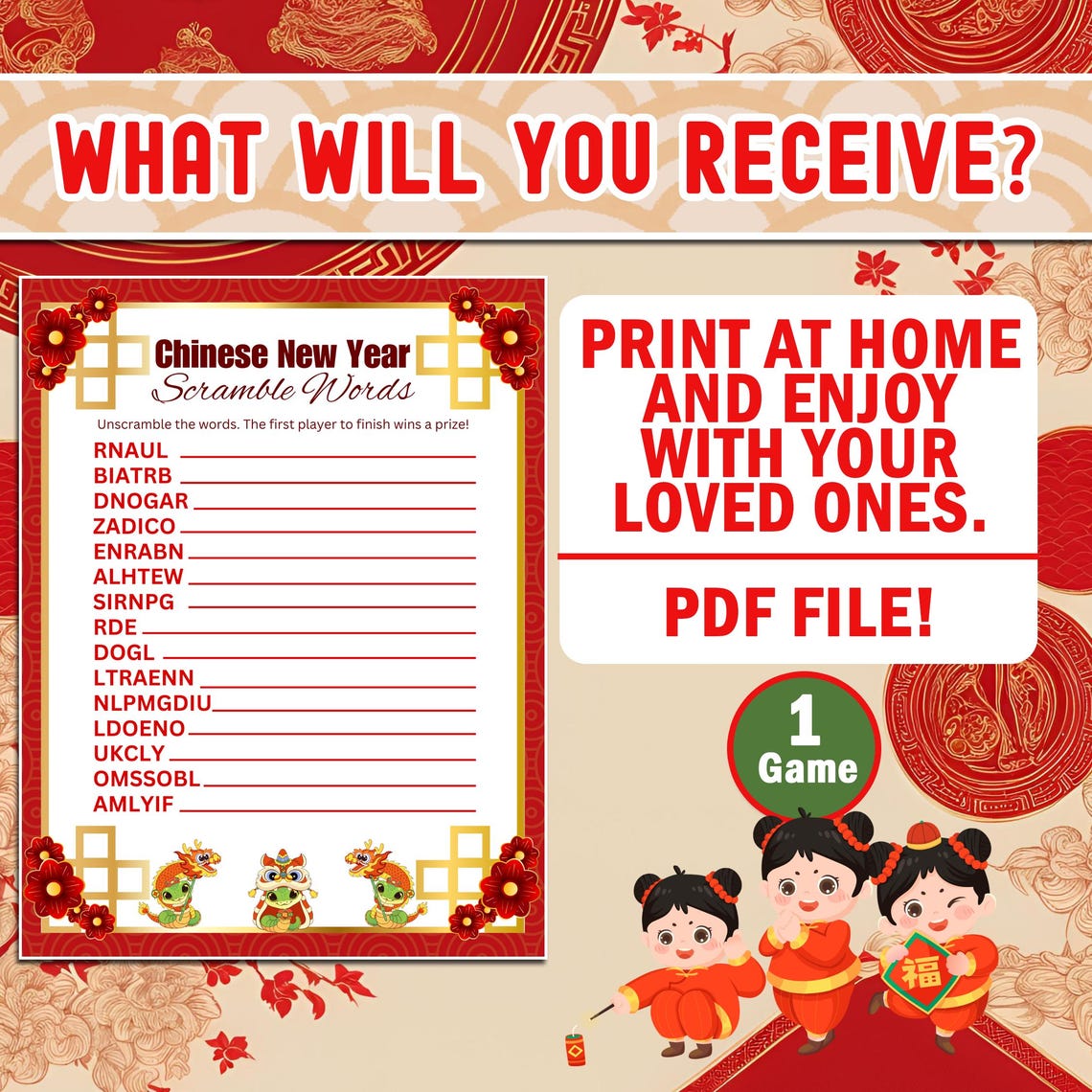 Printable Chinese New Year Scramble Words Activity, 2025 Year of the ...