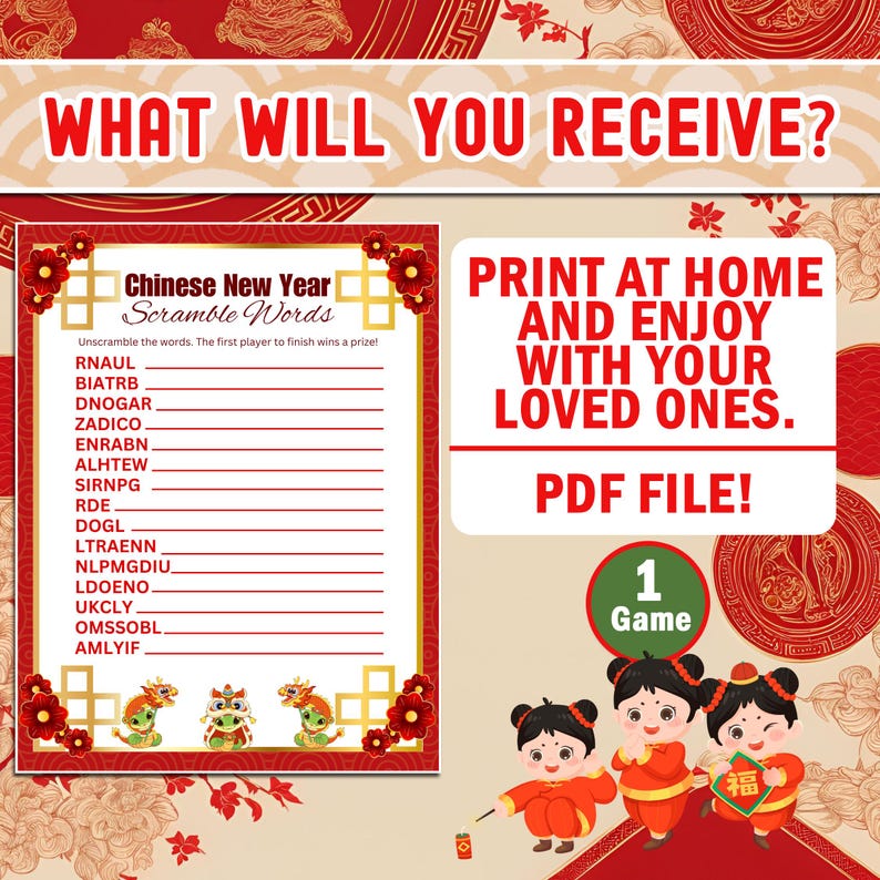 Printable Chinese New Year Scramble Words Activity, 2025 Year of the ...