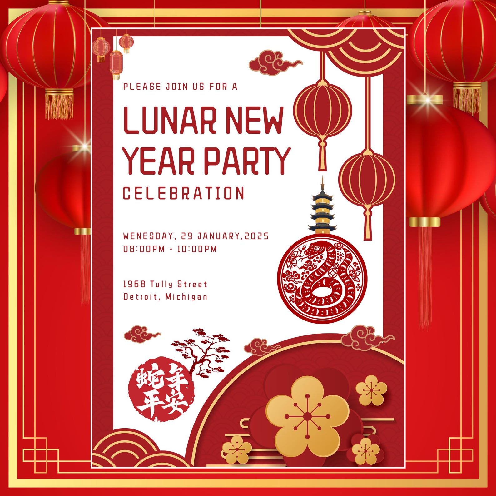Editable Lunar New Year Party Invitation, 2025 Year of the Snake ...