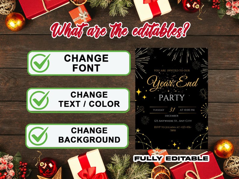 Editable Year End Party Invitation, New Years Eve Black and Gold ...