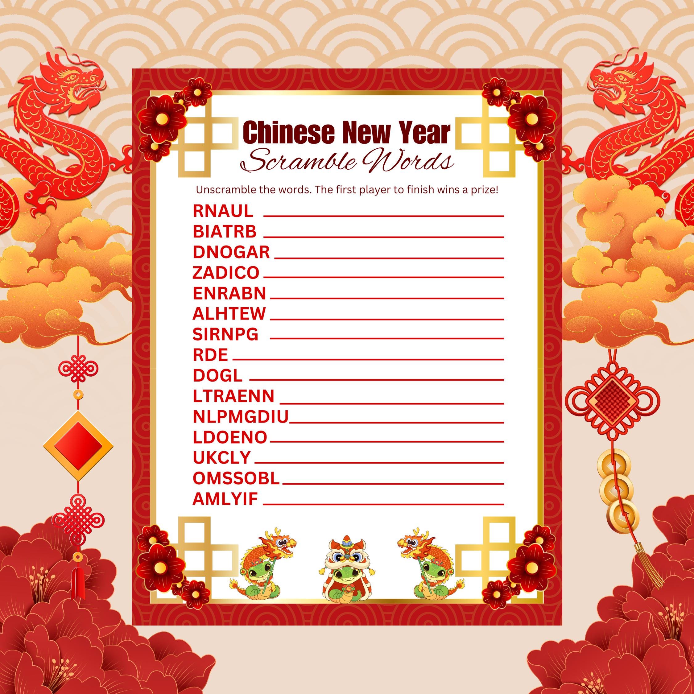 Printable Chinese New Year Scramble Words Activity, 2025 Year of the ...