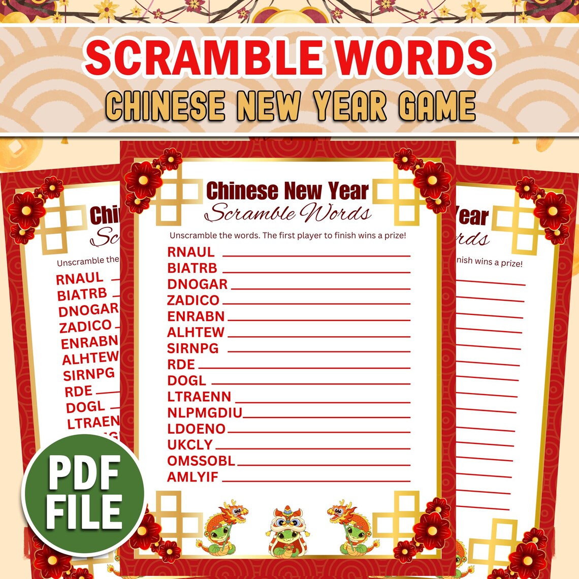 Printable Chinese New Year Scramble Words Activity, 2025 Year of the ...