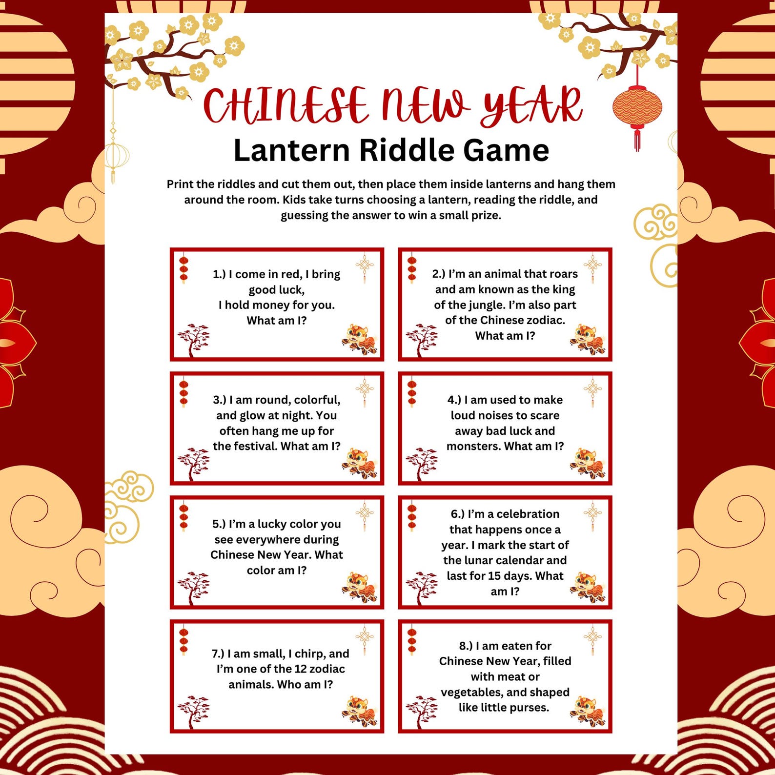 Chinese Lantern Riddle Game for Kids, Lunar New Year Fun Activities for ...