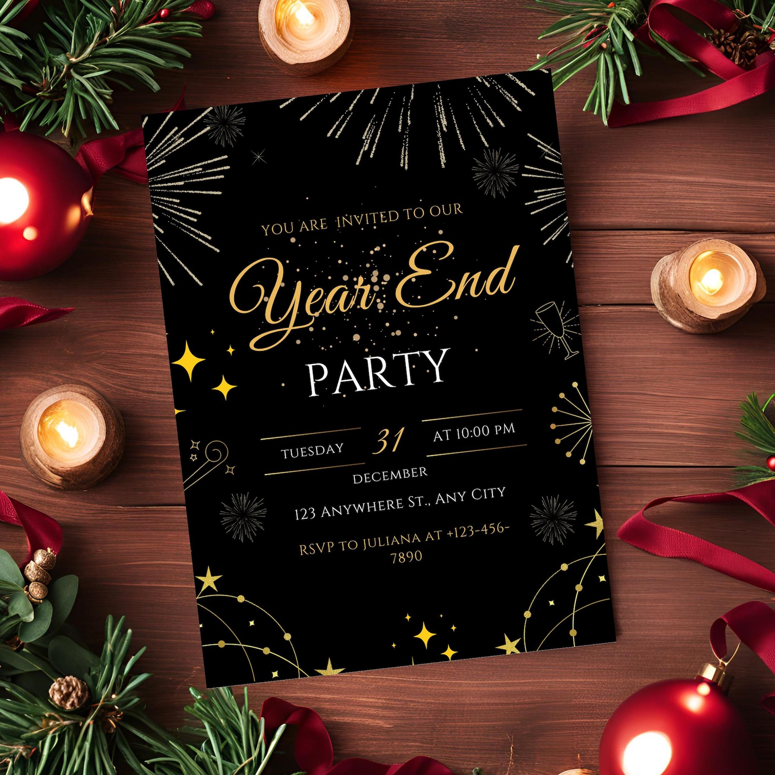 Editable Year End Party Invitation, New Years Eve Black and Gold ...