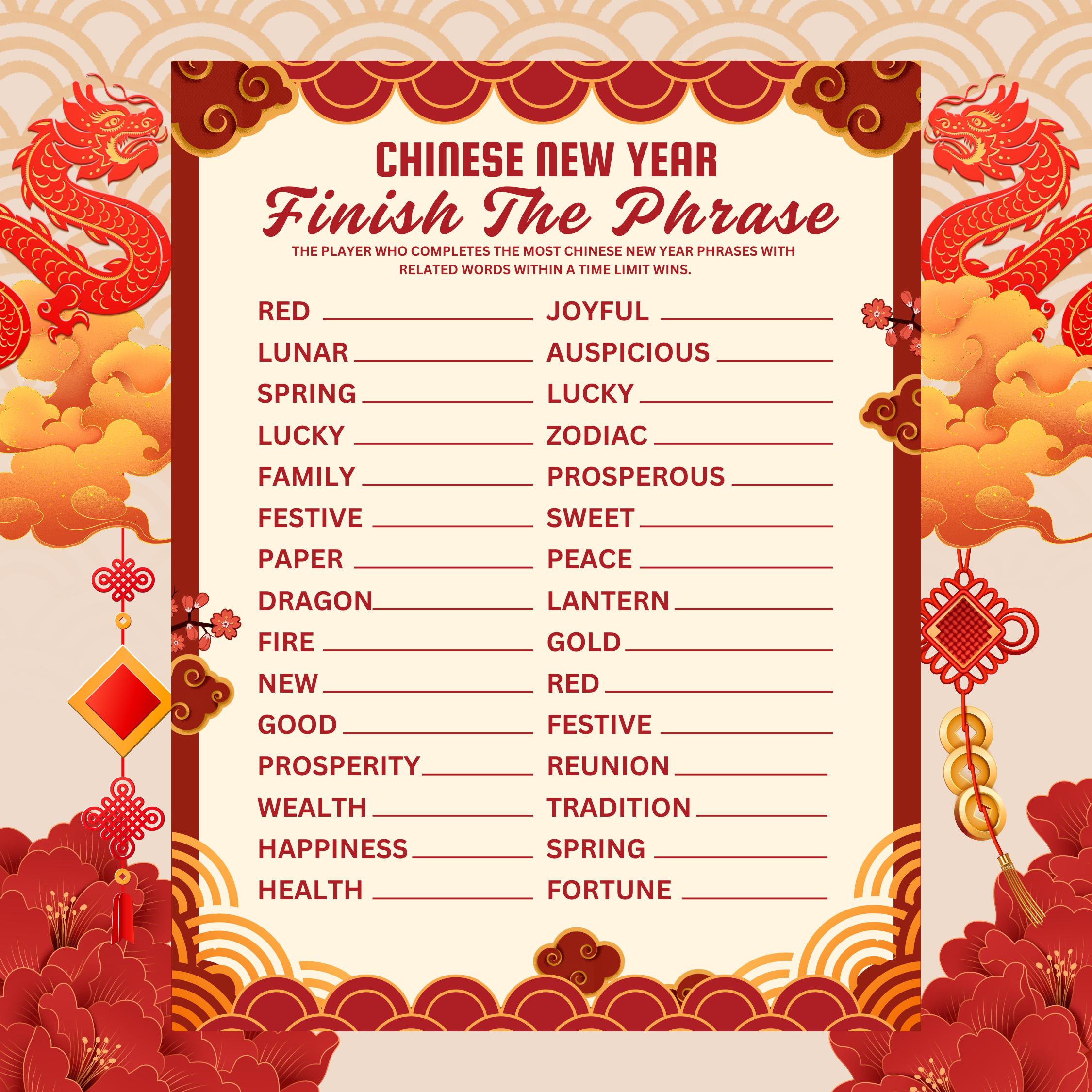 Printable Finish the Phrase Chinese New Year Game, 2025 Year of the ...