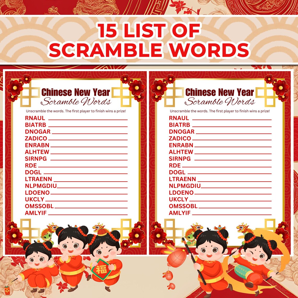 Printable Chinese New Year Scramble Words Activity, 2025 Year of the ...