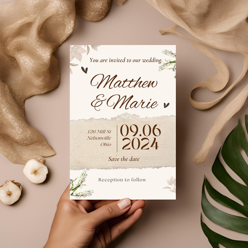 Beige Minimalist Wedding Invitation Template, Editable Invitation, Save ...