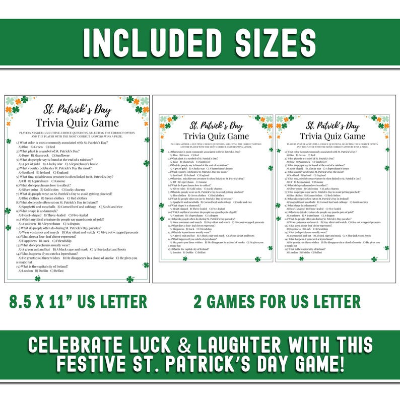 St. Patrick's Day Trivia Game Printable, Fun Irish Quiz, St. Paddy’s ...