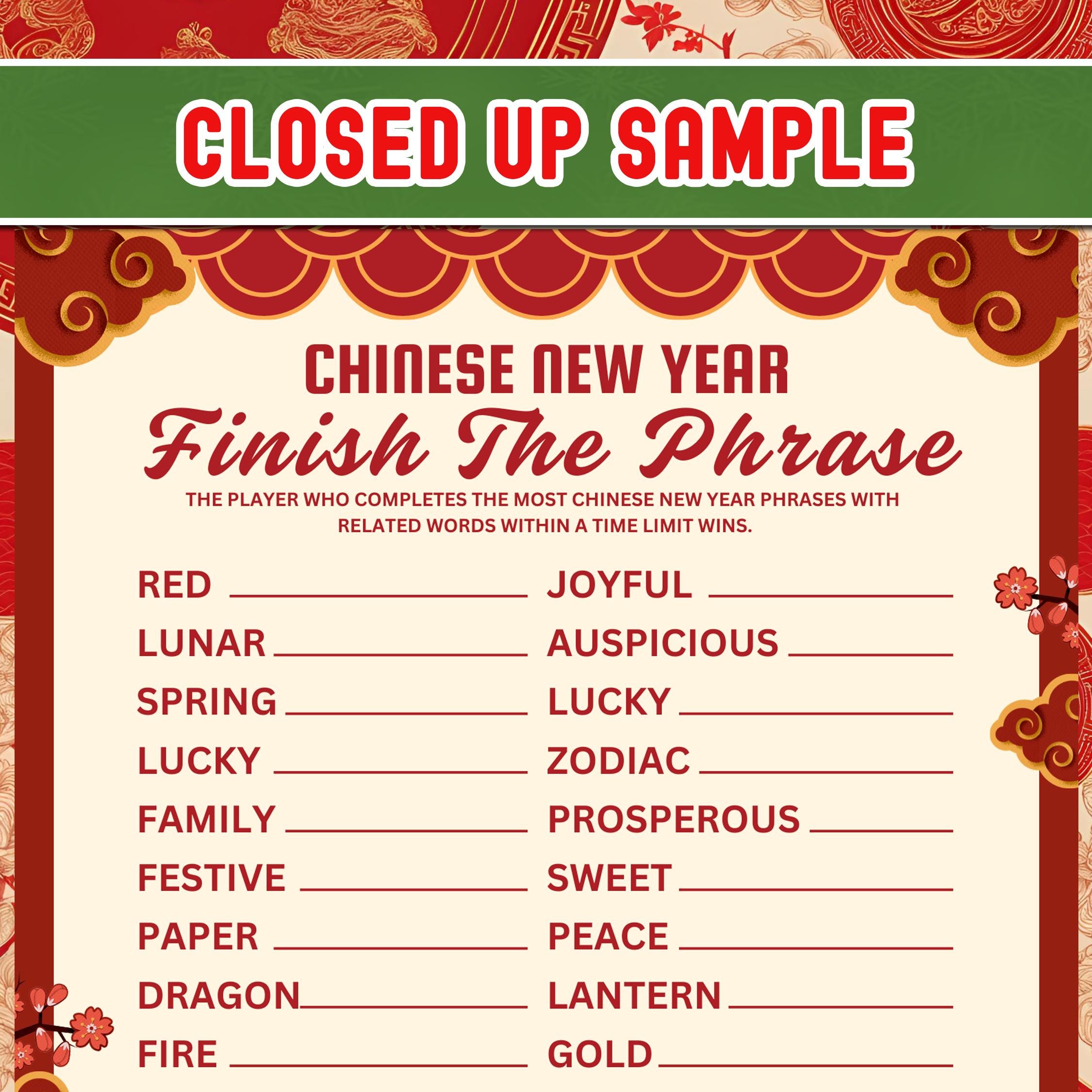 Printable Finish the Phrase Chinese New Year Game, 2025 Year of the ...