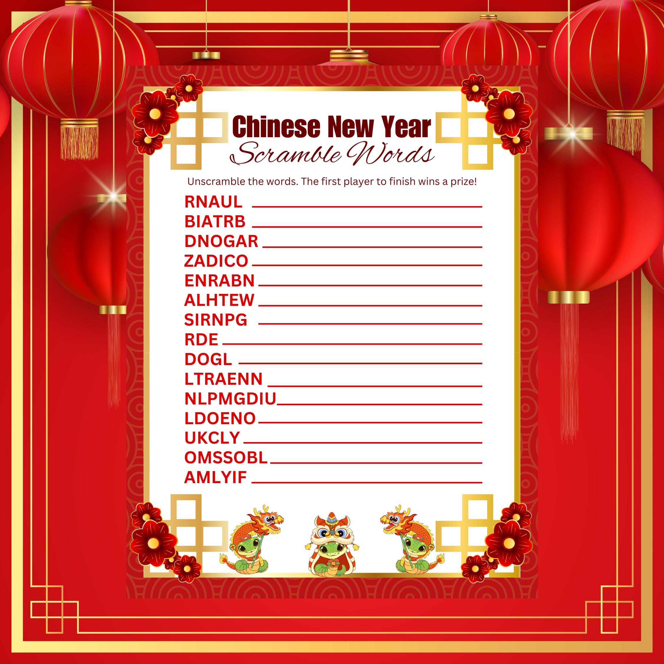 Printable Chinese New Year Scramble Words Activity, 2025 Year of the ...