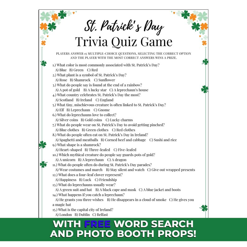 St. Patrick's Day Trivia Game Printable, Fun Irish Quiz, St. Paddy’s ...
