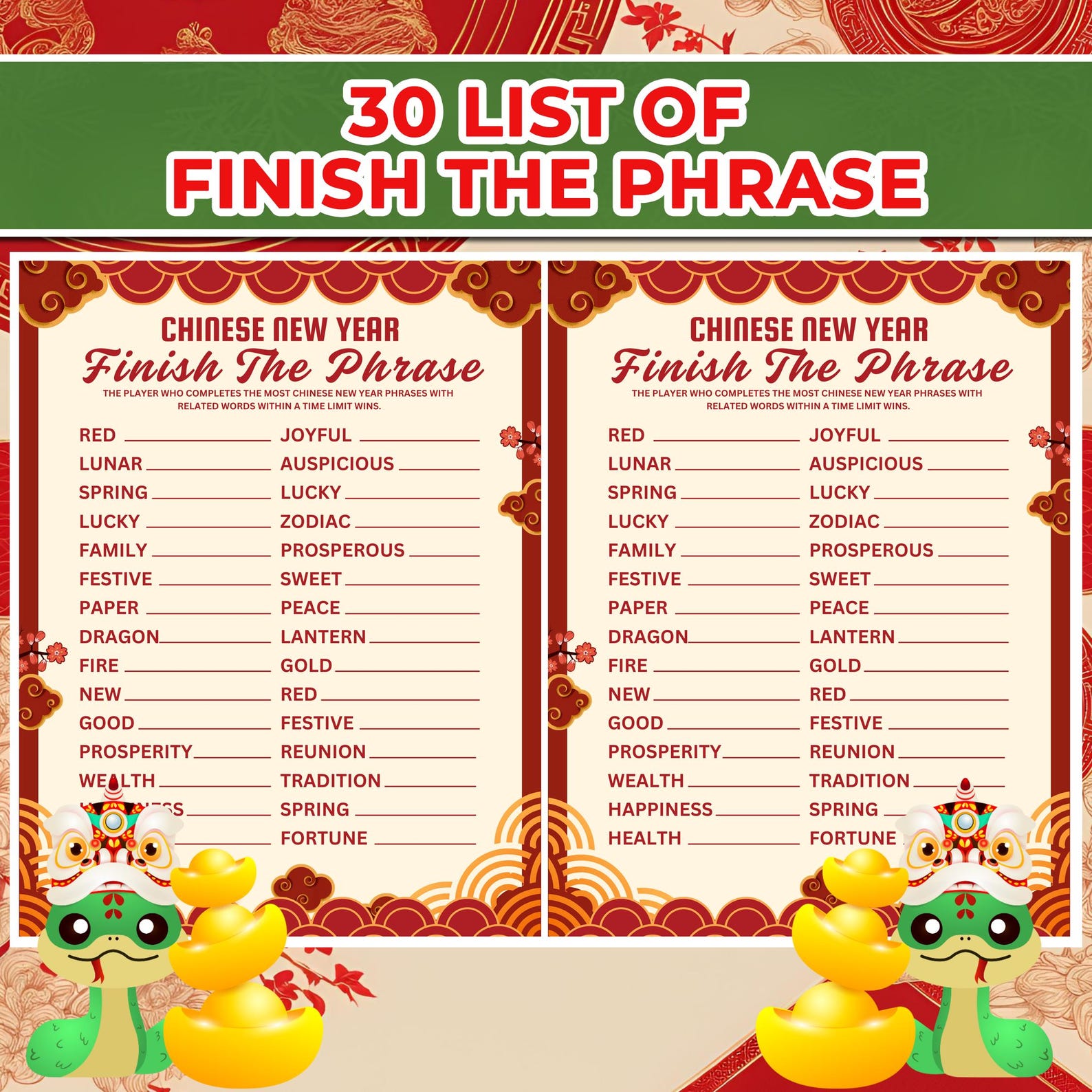 Printable Finish the Phrase Chinese New Year Game, 2025 Year of the ...
