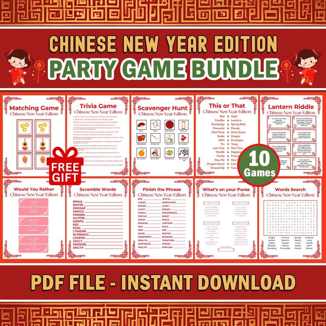 Newest Chinese New Year 10 Game Bundle, Printable Lunar New Year Party ...
