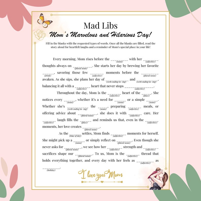 Mother's Day Mad Libs Game | Fun Printable for Mom's Birthday | Family ...
