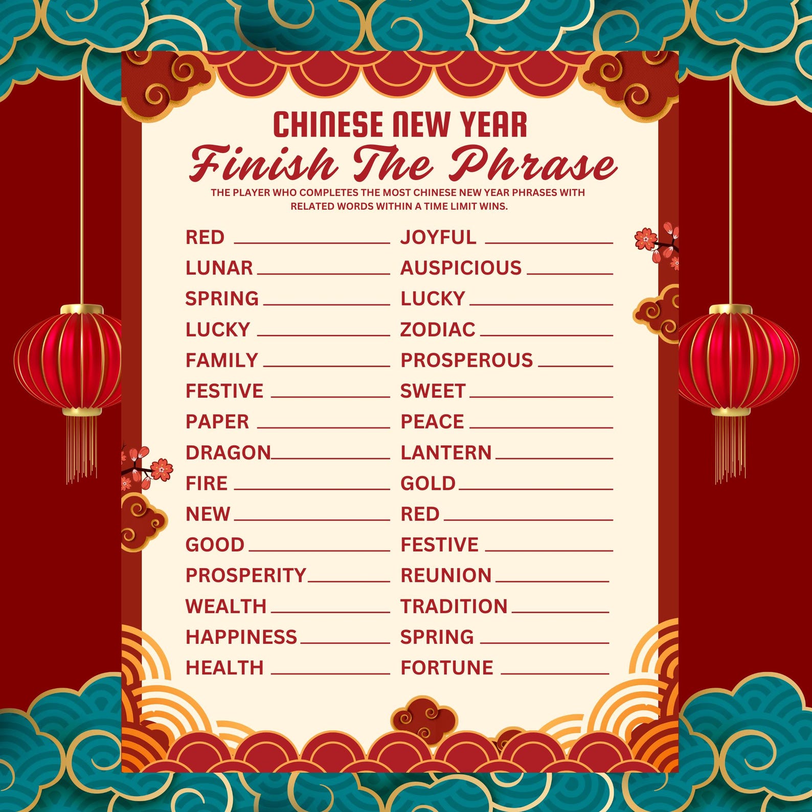 Printable Finish the Phrase Chinese New Year Game, 2025 Year of the ...