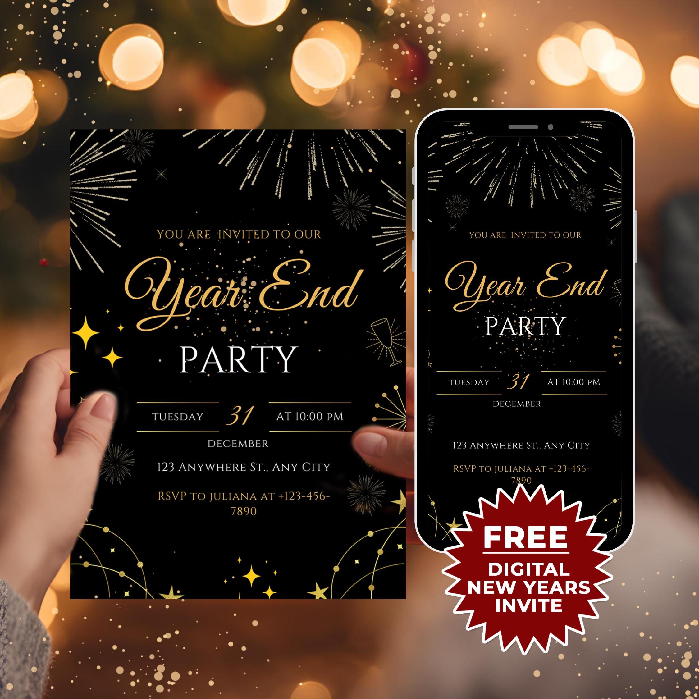 Editable Year End Party Invitation, New Years Eve Black and Gold ...