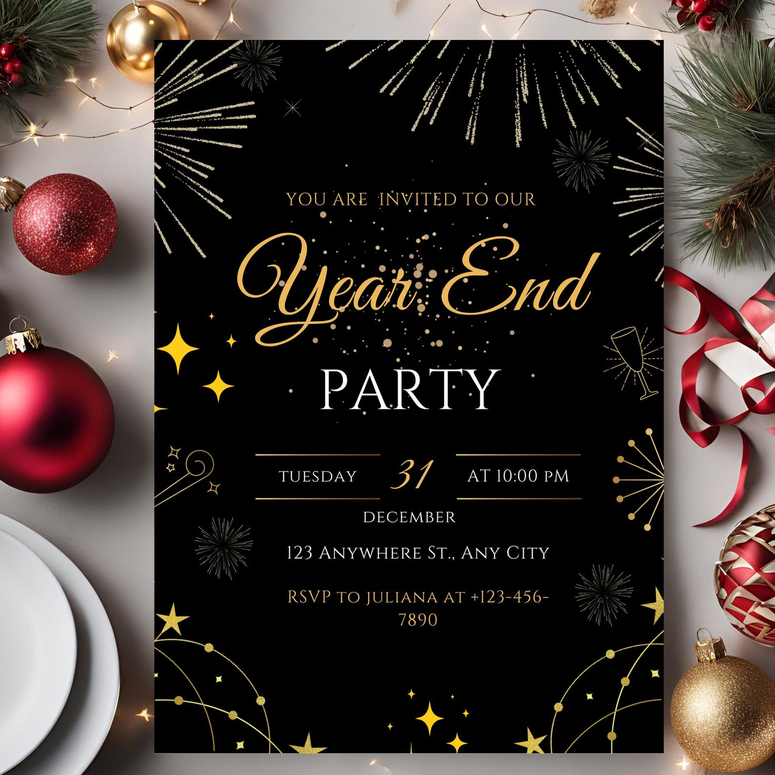 Editable Year End Party Invitation, New Years Eve Black and Gold ...