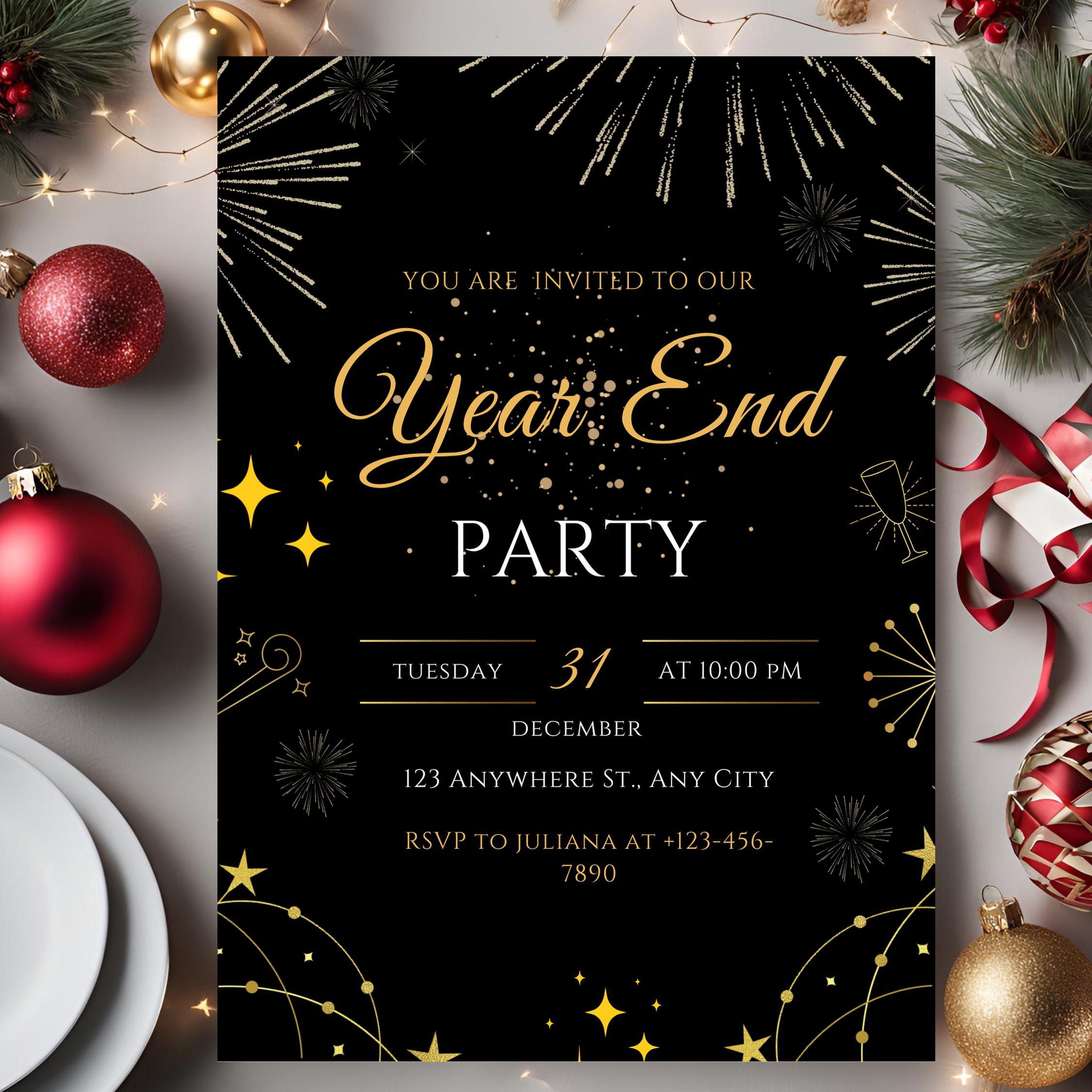 Editable Year End Party Invitation, New Years Eve Black and Gold ...