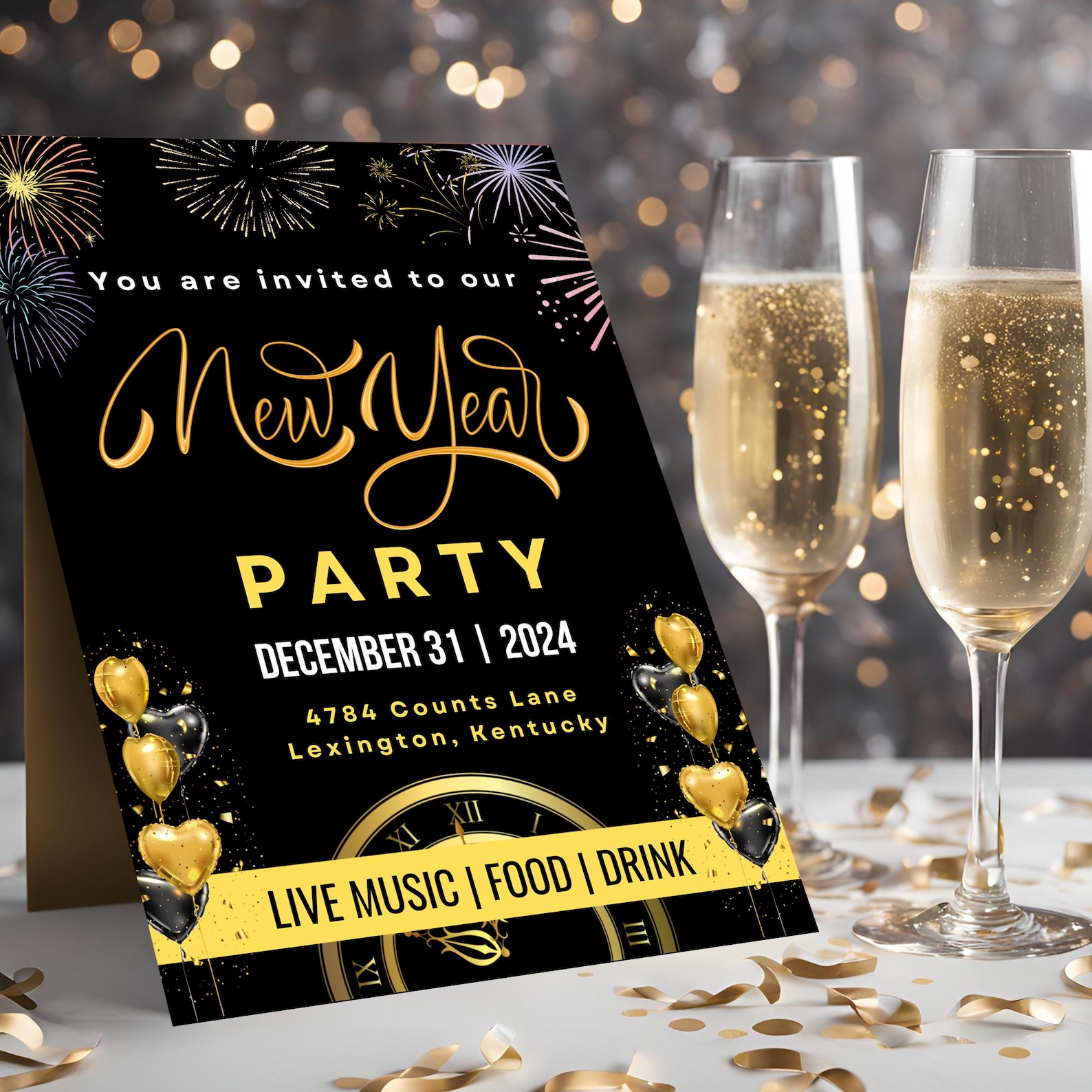 Printable New Years Eve Party Invitation, Black and Gold NYE 2025 ...