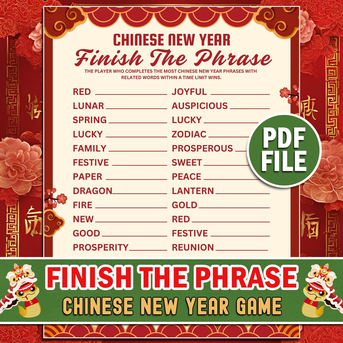 Printable Finish the Phrase Chinese New Year Game, 2025 Year of the ...