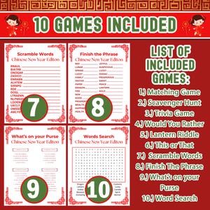 Newest Chinese New Year 10 Game Bundle, Printable Lunar New Year Party ...