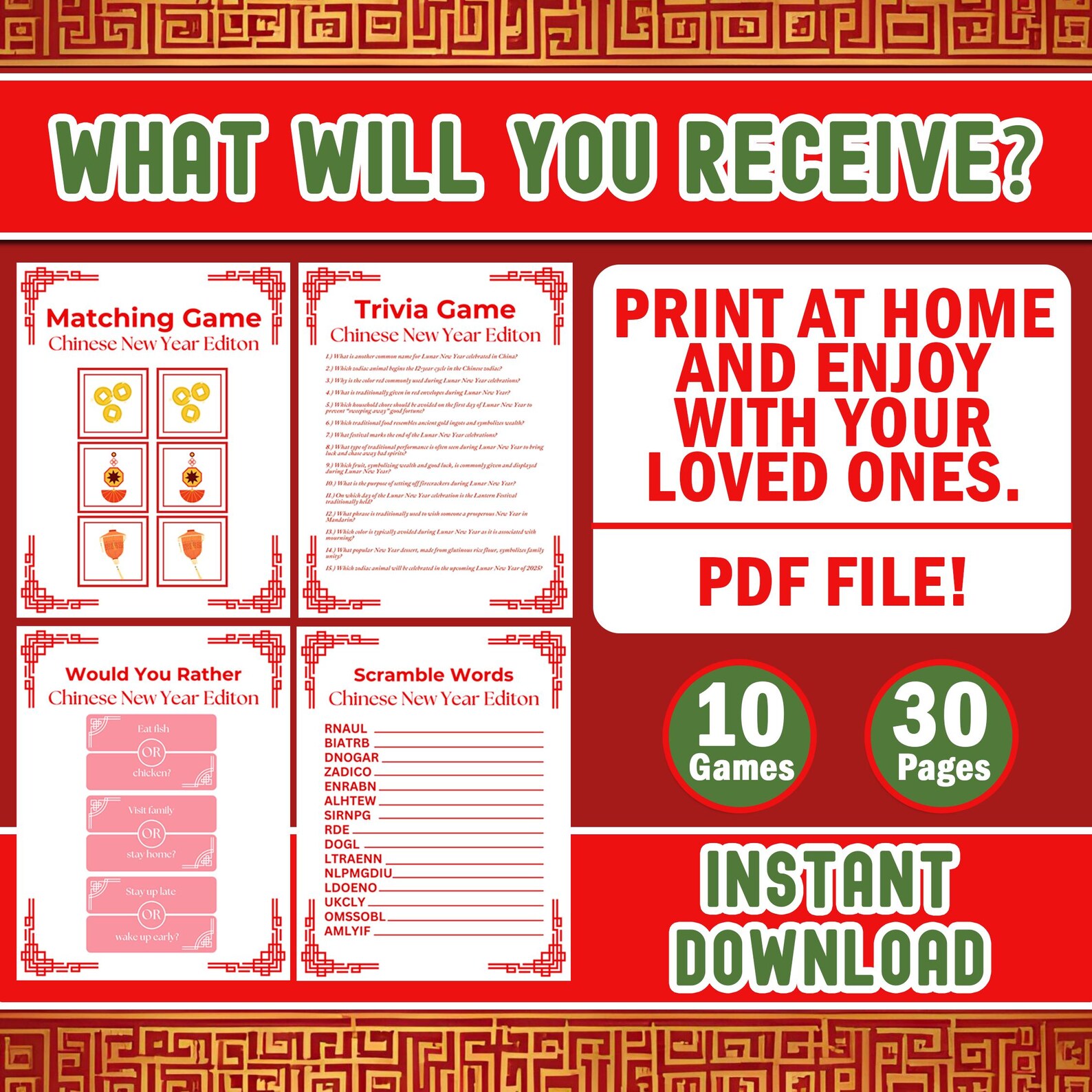 Newest Chinese New Year 10 Game Bundle, Printable Lunar New Year Party ...