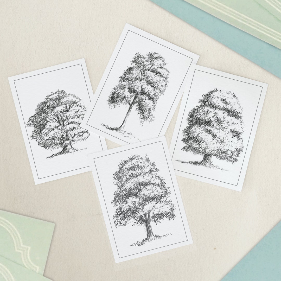 Minimalist Tree Note Card Set - Pack of 4, A7 Blank Notelets, Black ...