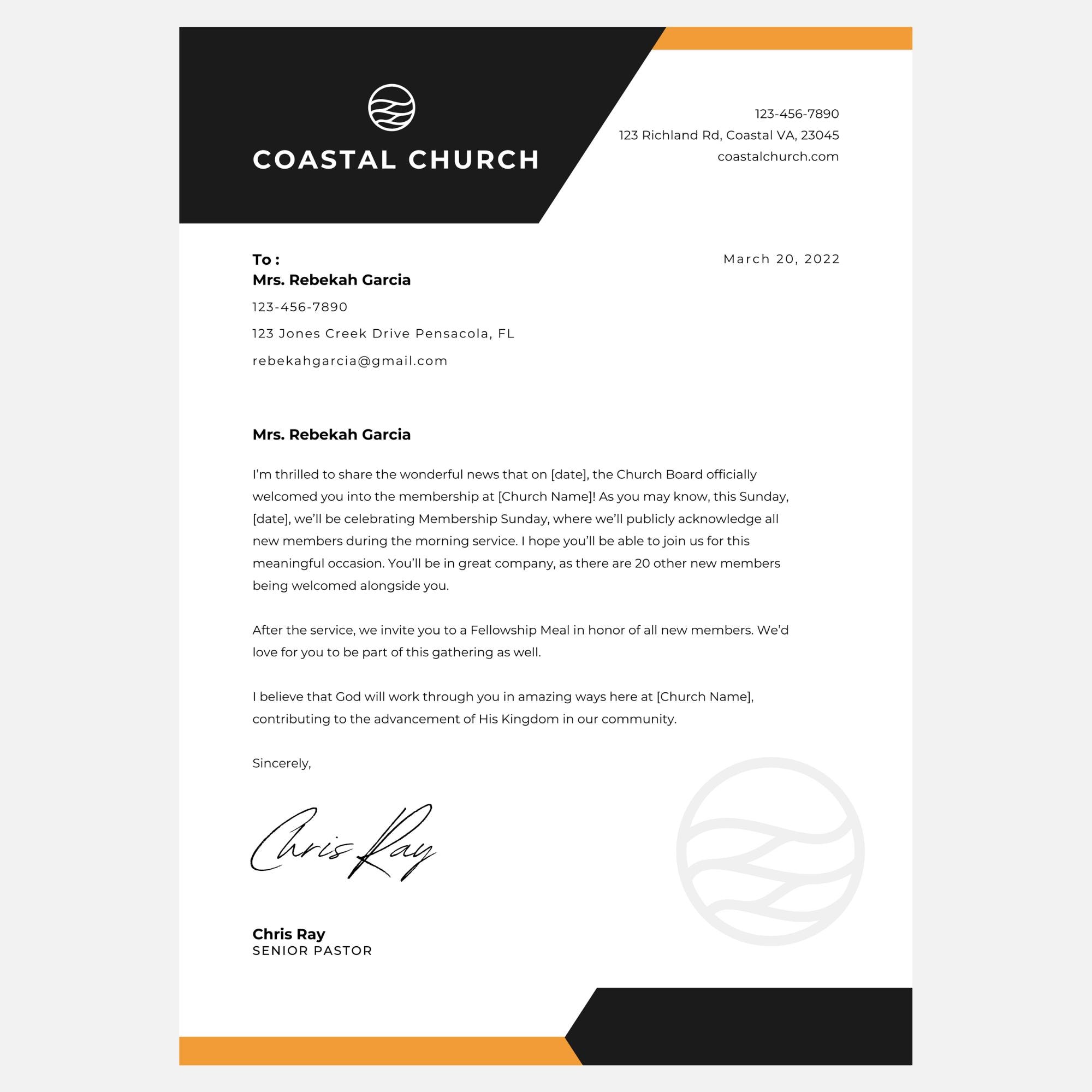 Church Letter Head Template Church Membership Letter Welcome Member ...