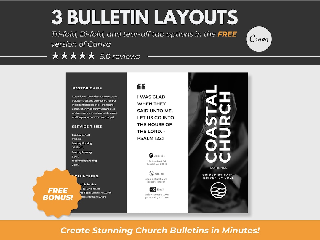 Church Bulletin Template Canva Church Template Editable Church Bulletin ...