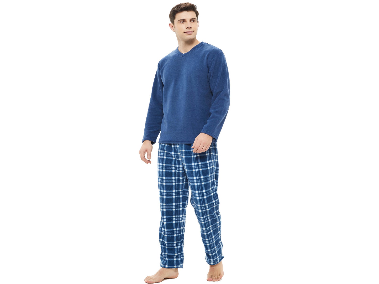 Mens Fleece Pyjamas Set Suit Nightwear Loungewear V Neck Top With ...