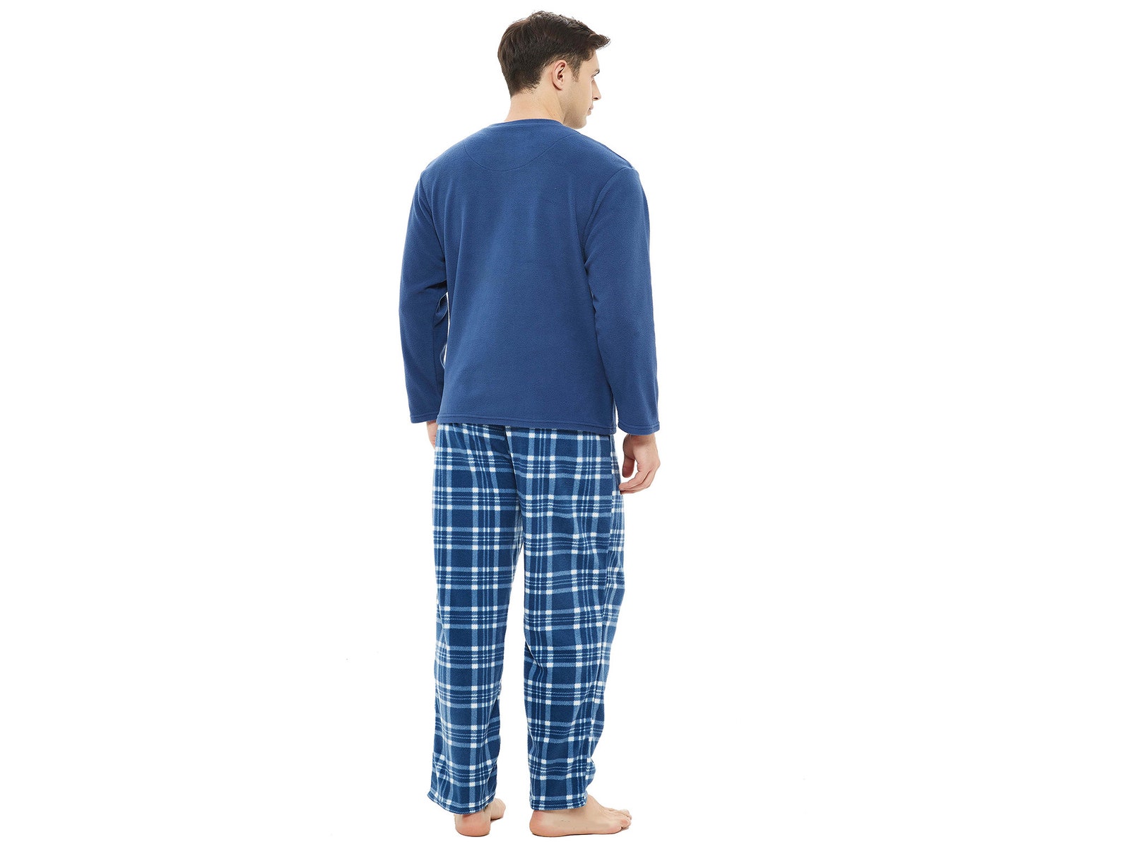 Mens Fleece Pyjamas Set Suit Nightwear Loungewear V Neck Top With ...
