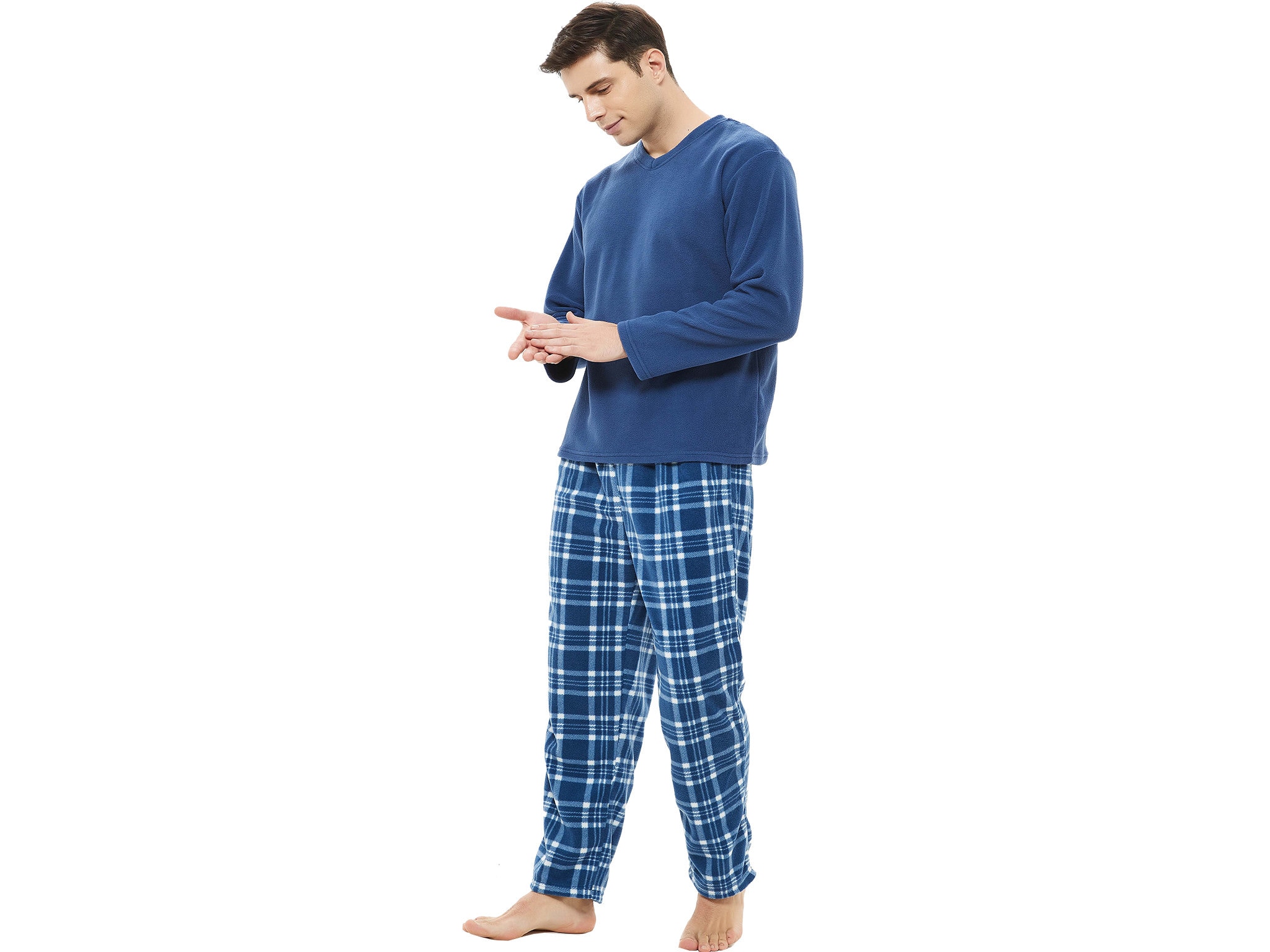 Mens Fleece Pyjamas Set Suit Nightwear Loungewear V Neck Top With ...