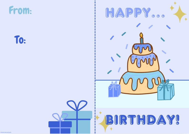 Printable Birthday Card Blue Affordable Instant Download Cute - Etsy