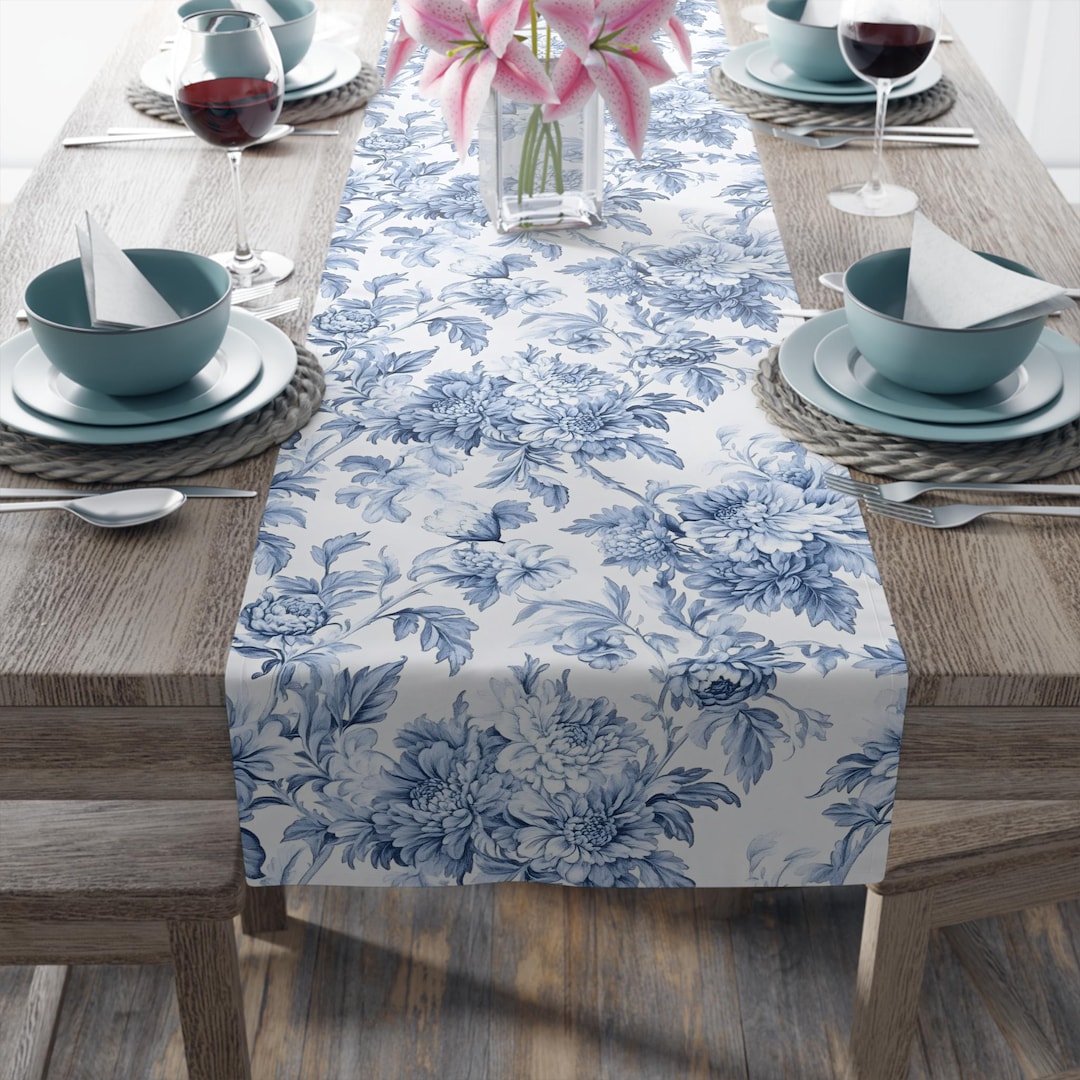 Blue Toile Table Runner: French Country Floral Dining Decor - Etsy