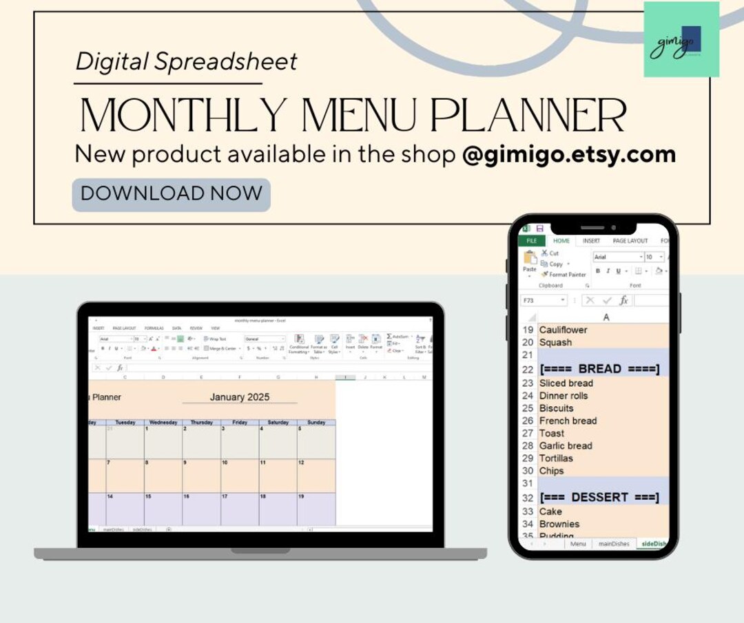 Monthly Menu Planner & Recipe Journal | Google Sheets | Excel Template ...