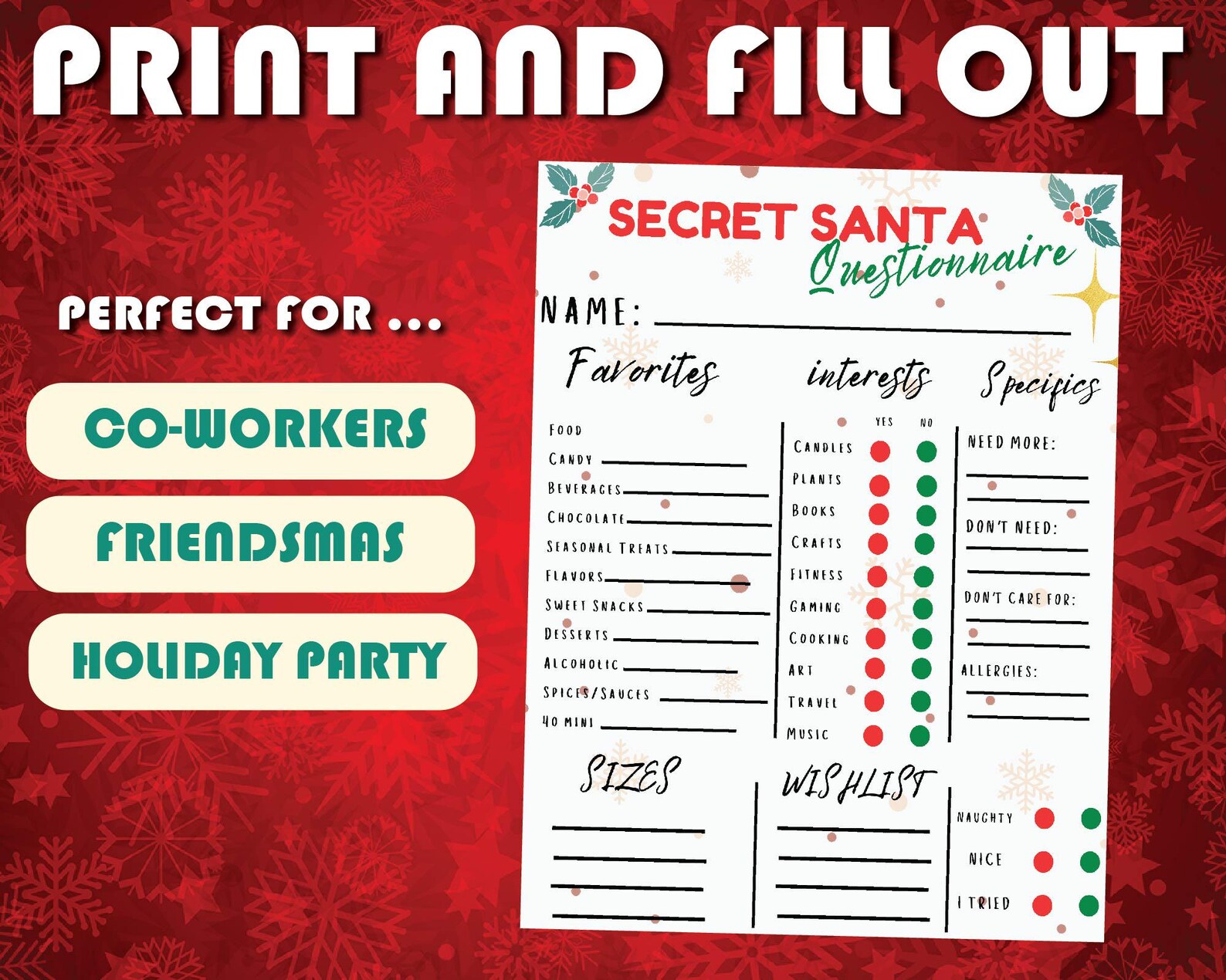 Secret Santa Questionnaire Printable, Gift Exchange Ideas, Christmas ...