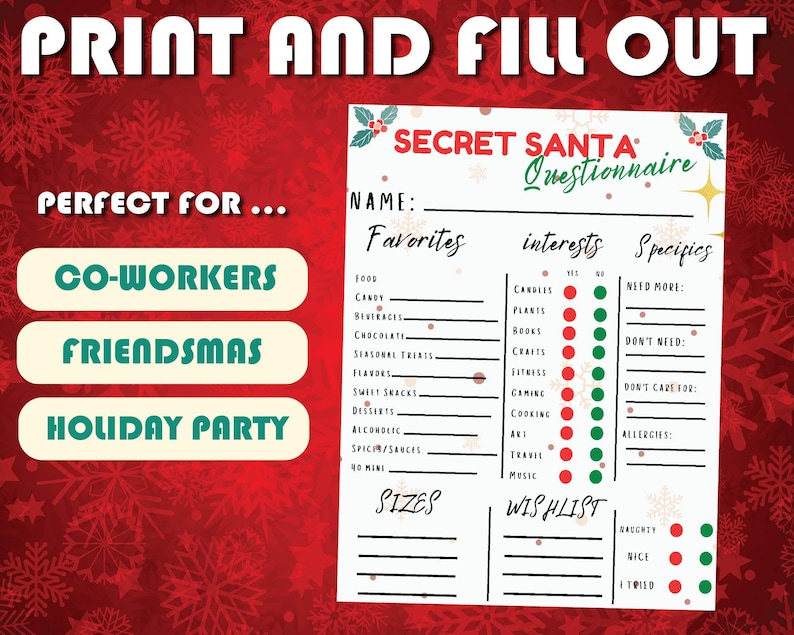 Secret Santa Questionnaire Printable, Gift Exchange Ideas, Christmas ...