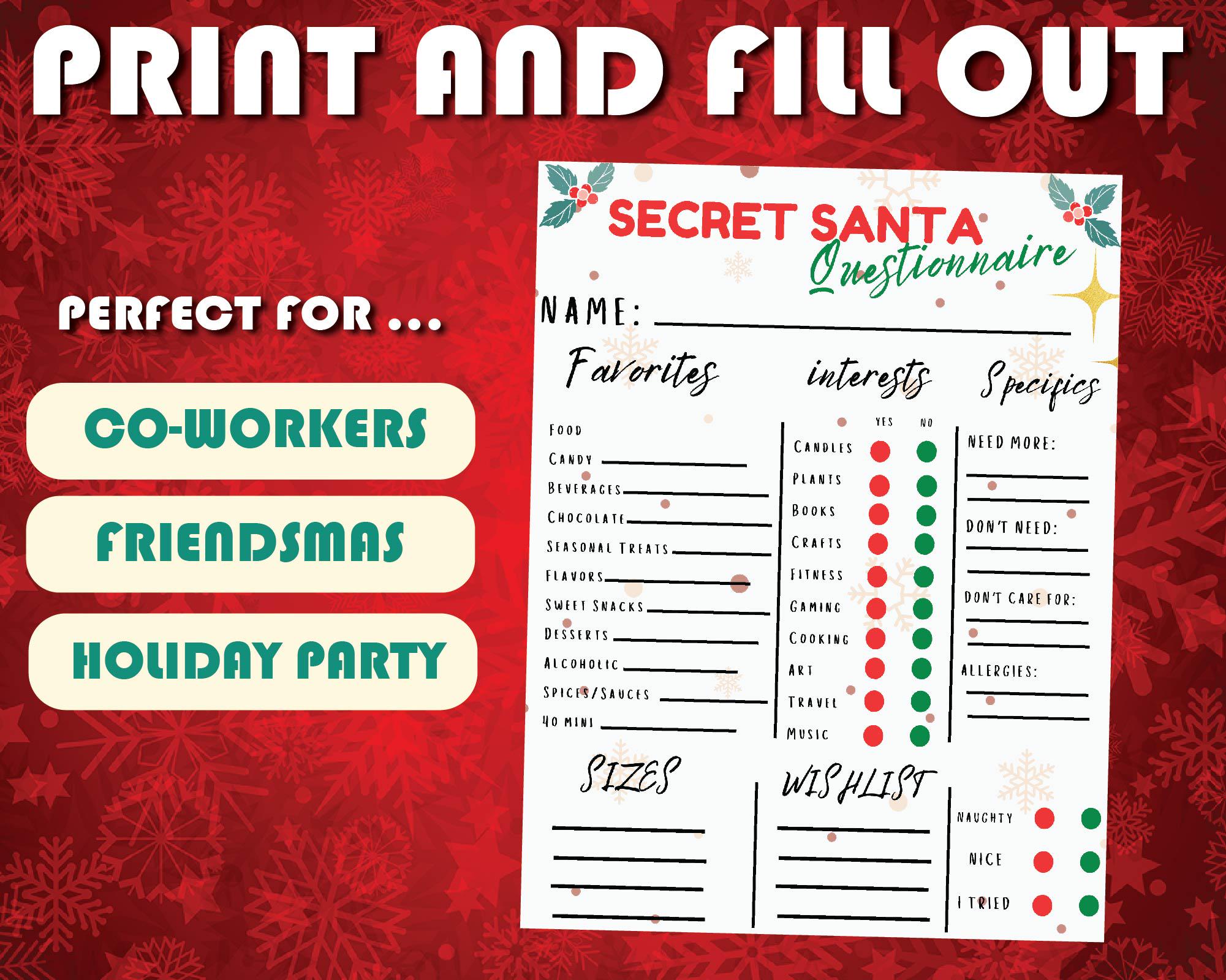 Secret Santa Questionnaire Printable, Gift Exchange Ideas, Christmas ...
