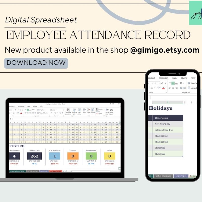 Excel Employee Attendance Template - Etsy