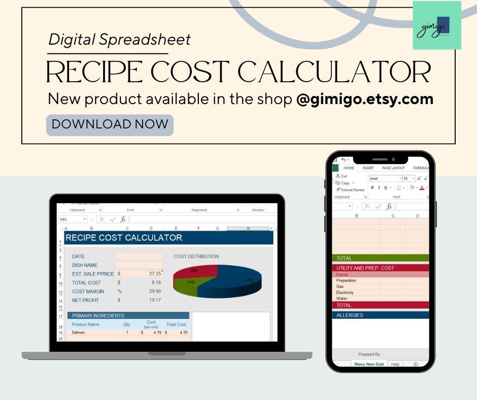 Recipe Costing Calculator Excel Spreadsheet Template for Cooking ...