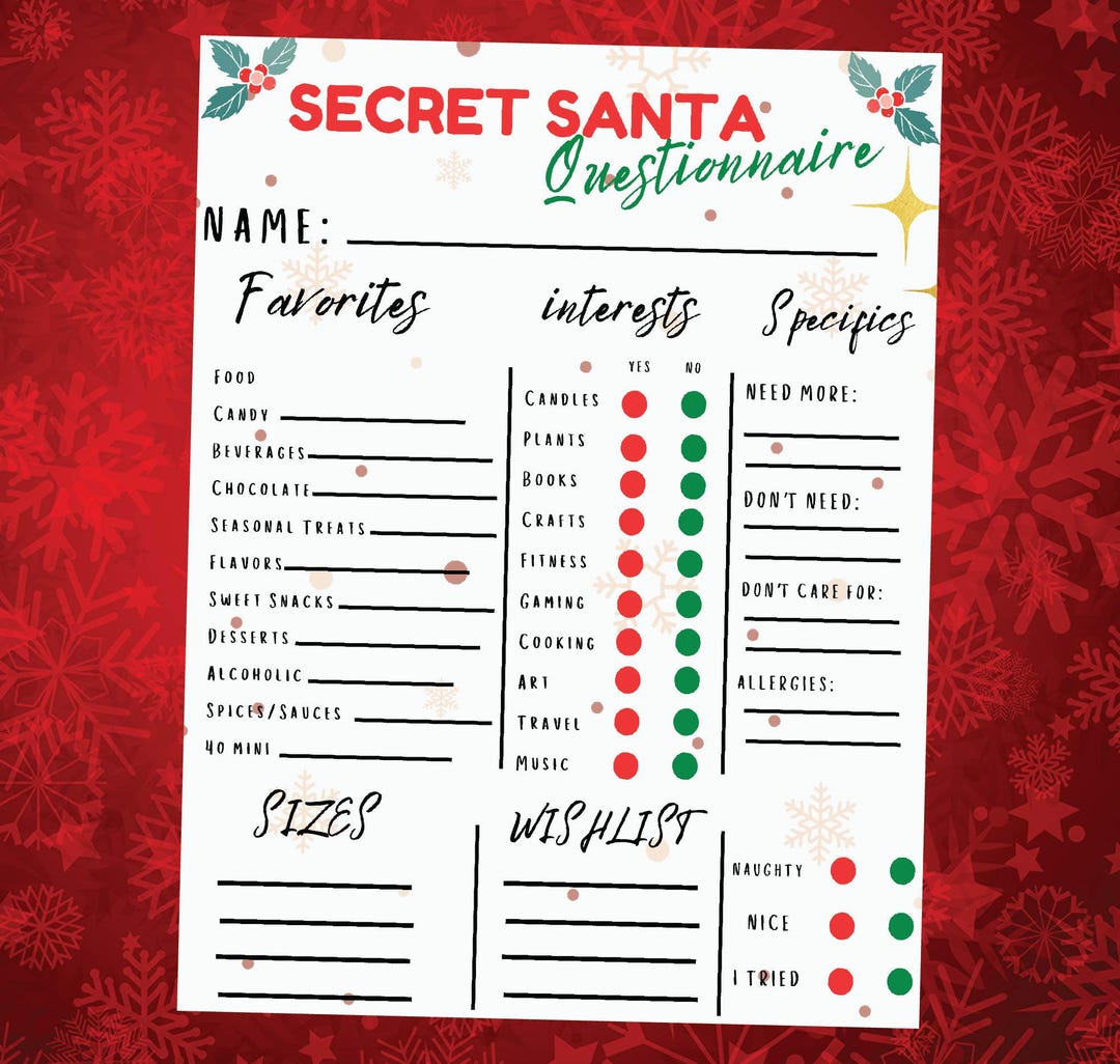 Secret Santa Questionnaire Printable, Gift Exchange Ideas, Christmas ...