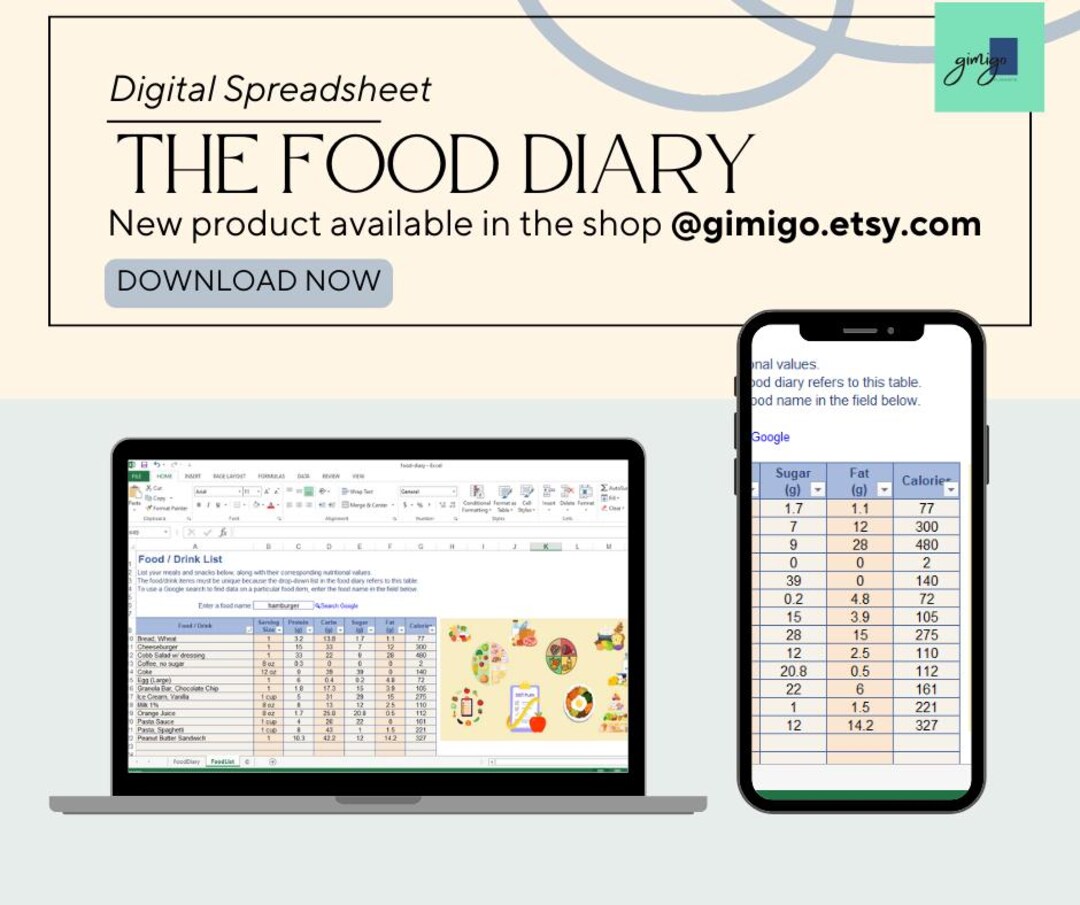 Mindful Eating Digital Food Journal | Interactive Excel Food Log & Diet ...