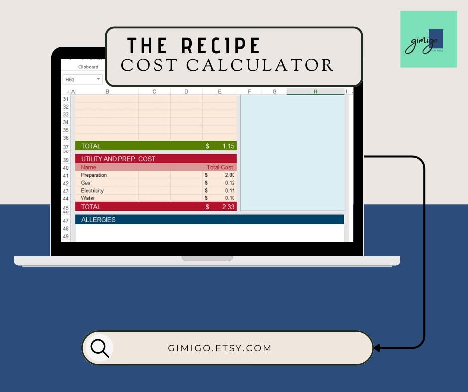 Recipe Costing Calculator Excel Spreadsheet Template for Cooking ...