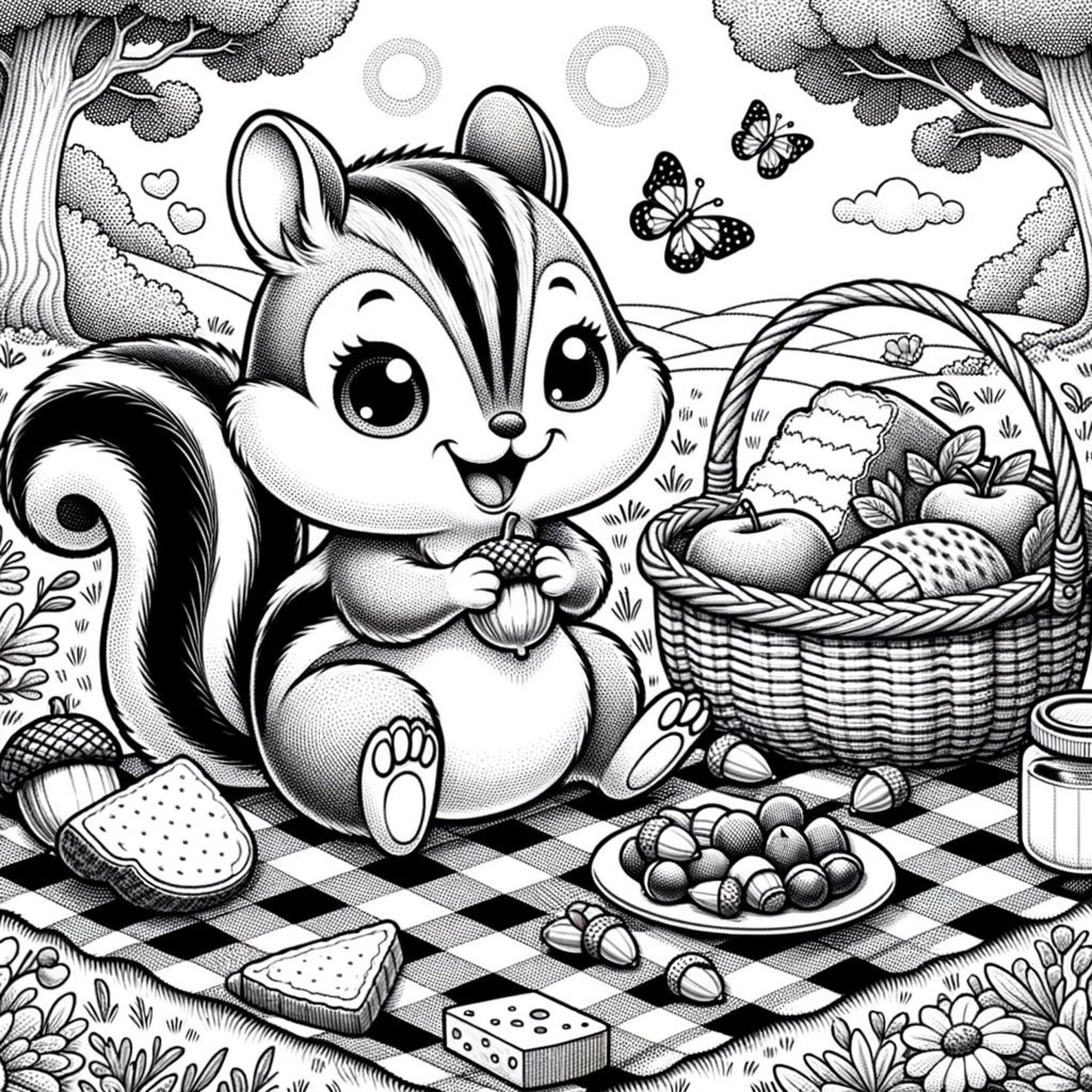 Charming Coloring Book of Cheerful Squirrel Enjoying a Feast Amidst ...