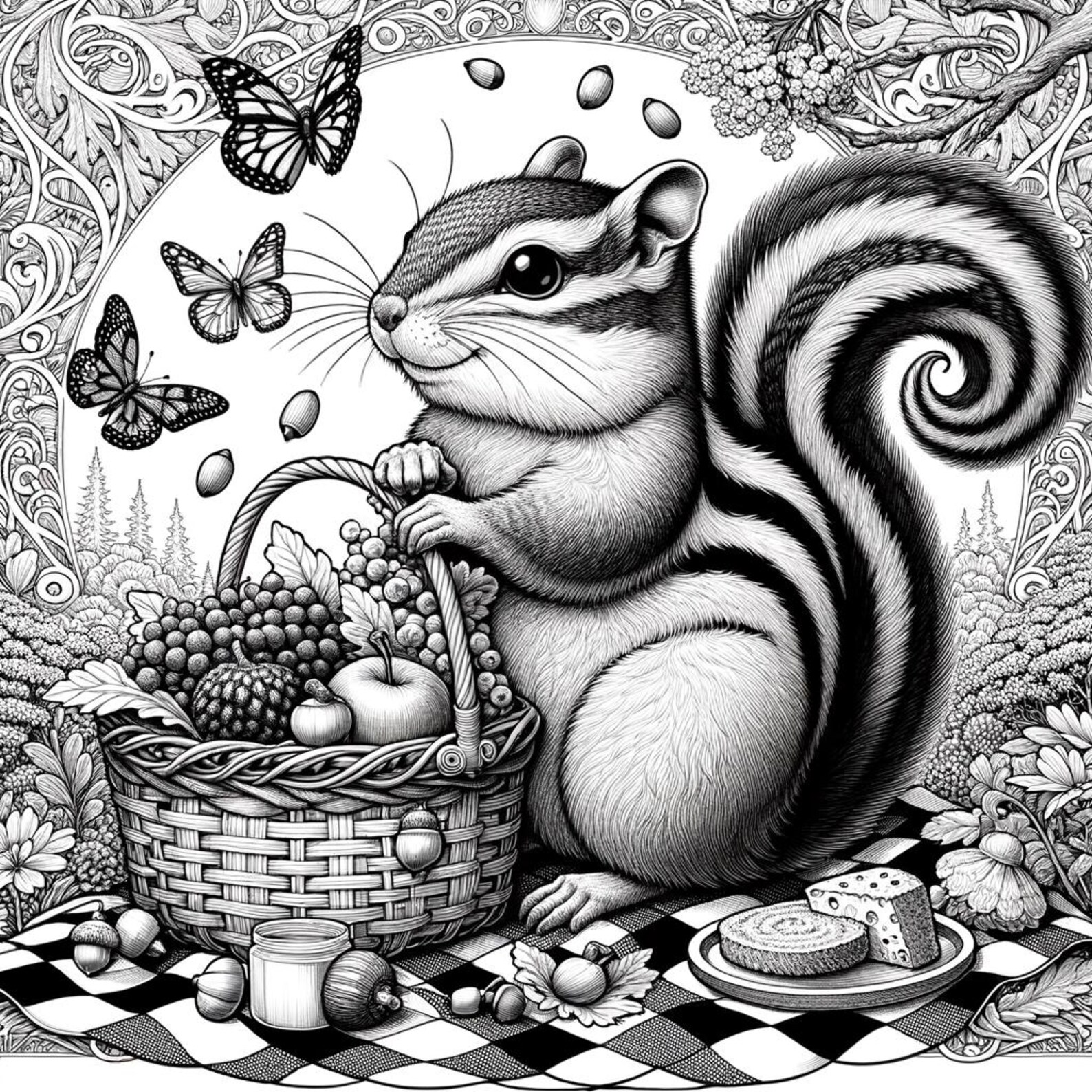 Charming Coloring Book of Cheerful Squirrel Enjoying a Feast Amidst ...