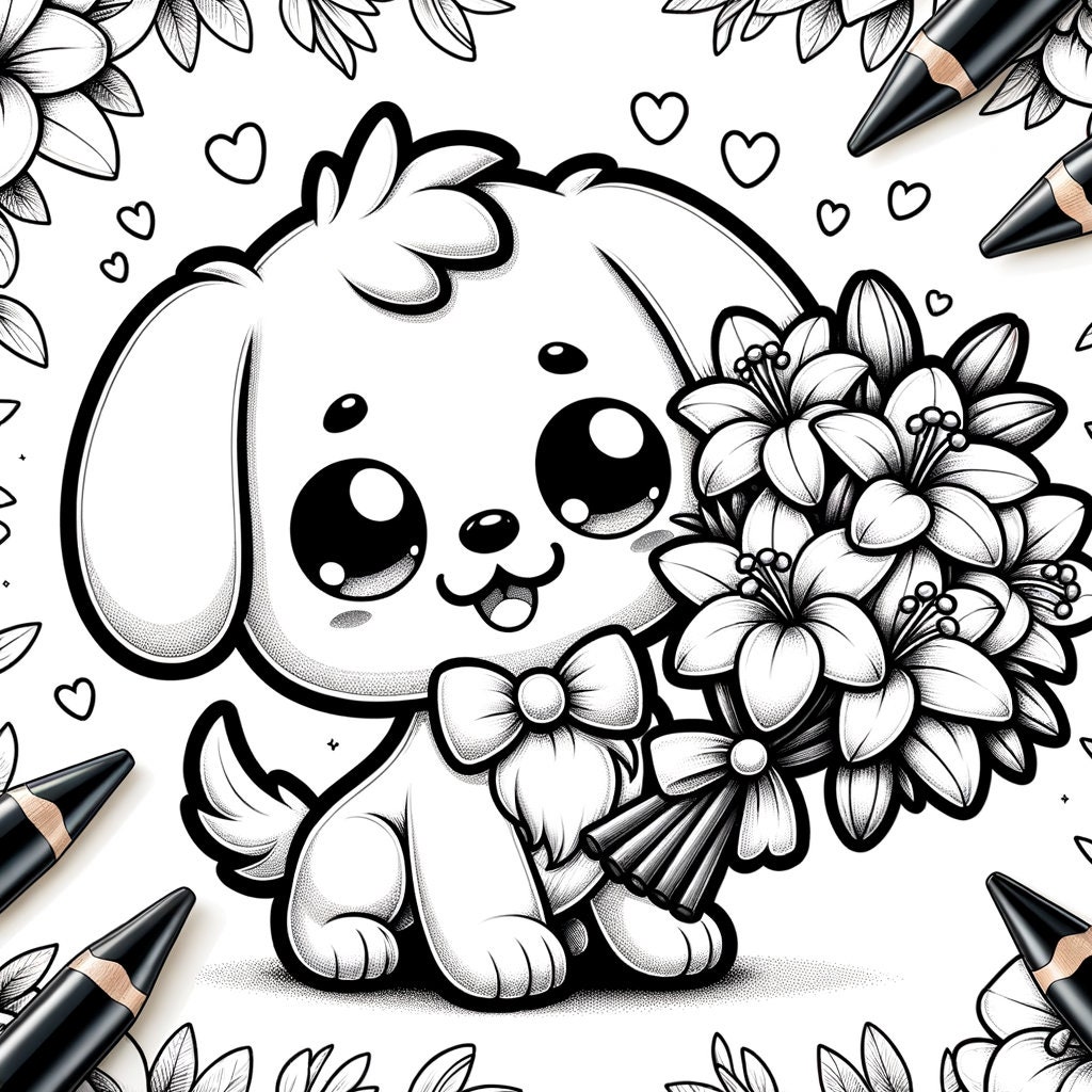Charming Coloring Book of of a Cute Puppy Holding a Bouquet of Cherry ...