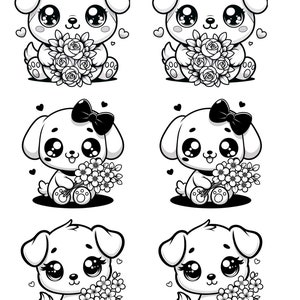 Charming Coloring Book of of a Cute Puppy Holding a Bouquet of Cherry ...