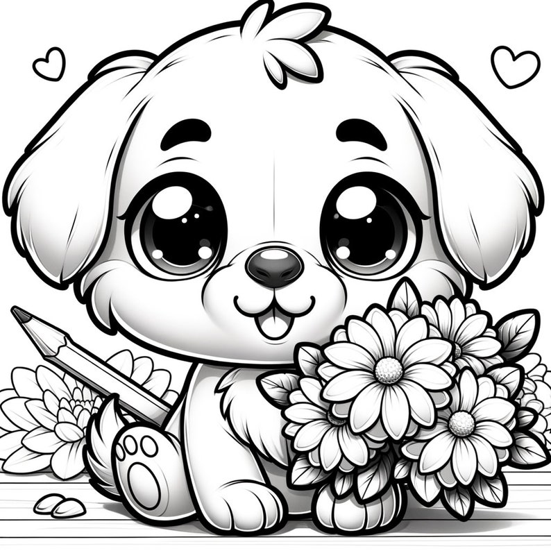 Charming Coloring Book of of a Cute Puppy Holding a Bouquet of Cherry ...